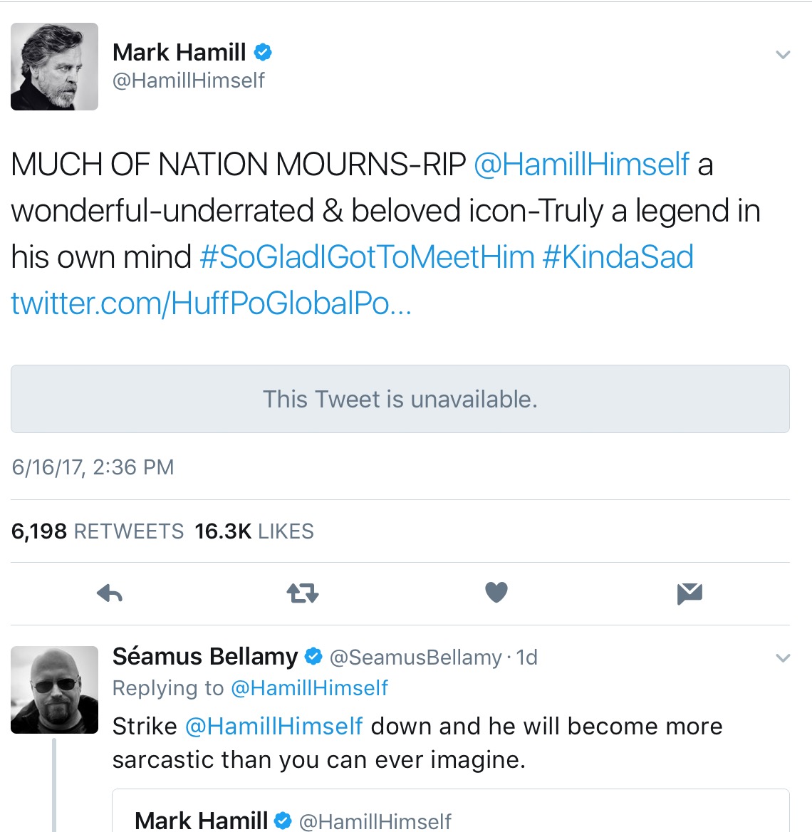 Mark Hamill Tweets his own Obituary After False Report of His Death